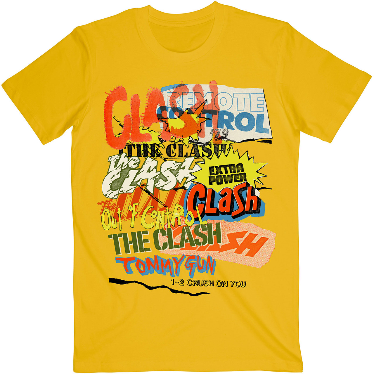 The Clash 'Singles Collage Text' (Yellow) T-Shirt | Eyesore Merch