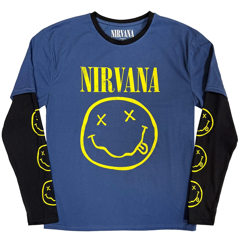 Nirvana 'Yellow Happy Face' (Blue & Black) Layered Long Sleeve Shirt ...