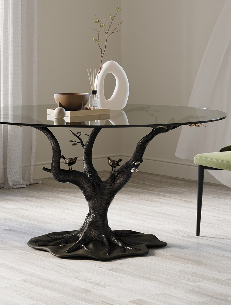 Tree of Life Dining Table with Wrought Iron Base and Glass Top Urban Forge