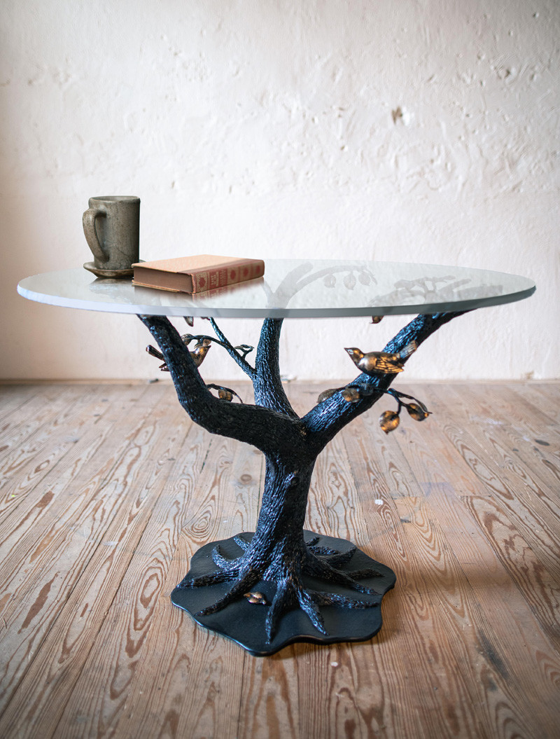 Glass coffee table with tree trunk base store
