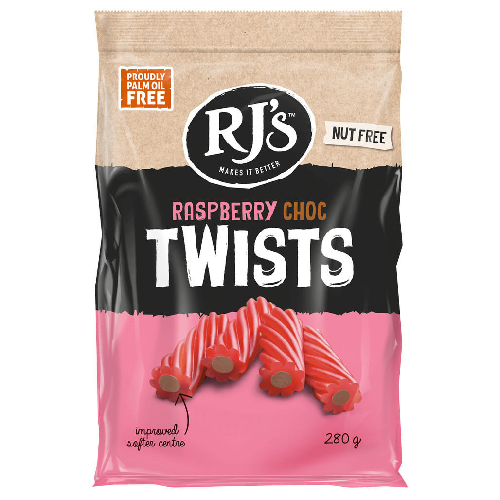 Raspberry Choc Twists Bag, 280g - The Gourmet Warehouse