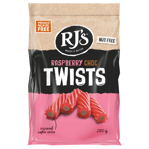 Raspberry Choc Twists Bag, 280g - The Gourmet Warehouse