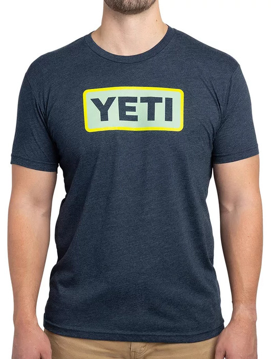 YETI Logo Badge Short Sleeve T-Shirt - Navy/Chartreuse - L - TackleDirect
