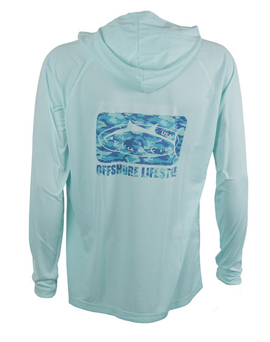 Bluefin USA Rashguard Hoodie - Camo Logo - Aqua - XL - TackleDirect