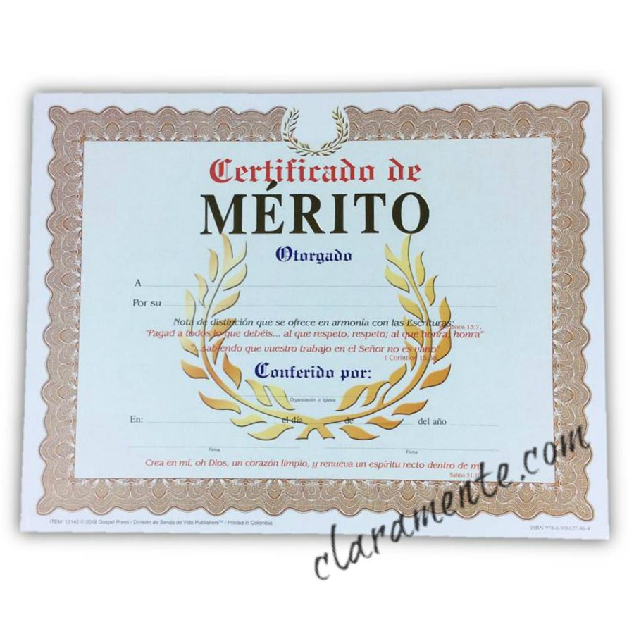 Certificado de Merito paquete de 15 unidades 9780938127864