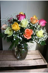 Dozen Short Stem Mixed Color Roses with Babies Breath - Gidas Flowers