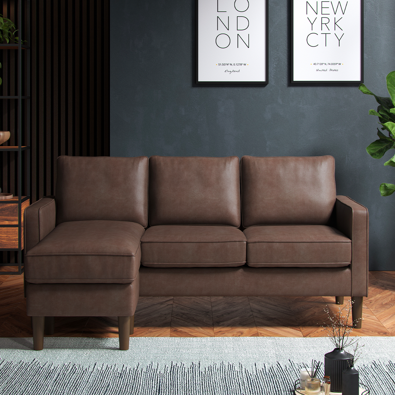 Bexhill Brown L Shaped 3 Seater Reversible Corner Sofa Faux Leather ...