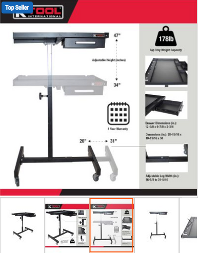 K Tool International Work Table 30 Inch Adjustable (Matte Black)