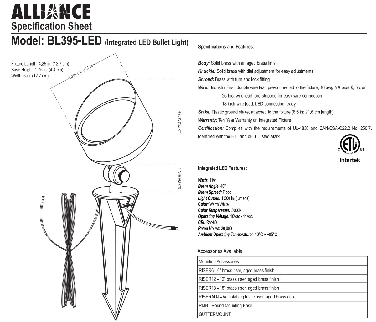 BL395 Brass Bullet Up Light | Alliance Outdoor Bullet Lights