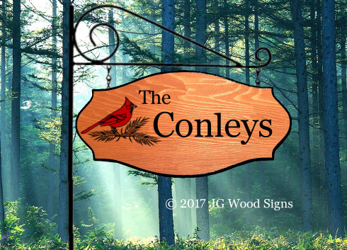 Personalized cottage signs w cardinal pine bough design.
