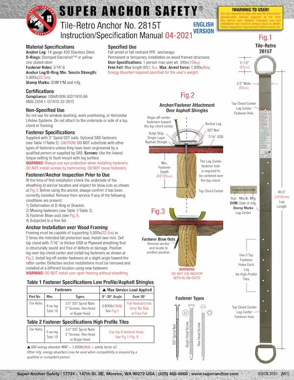 Super Anchor 2815-T Tile Roof Retrofit Anchor 2-Pack| Fall Protection ...
