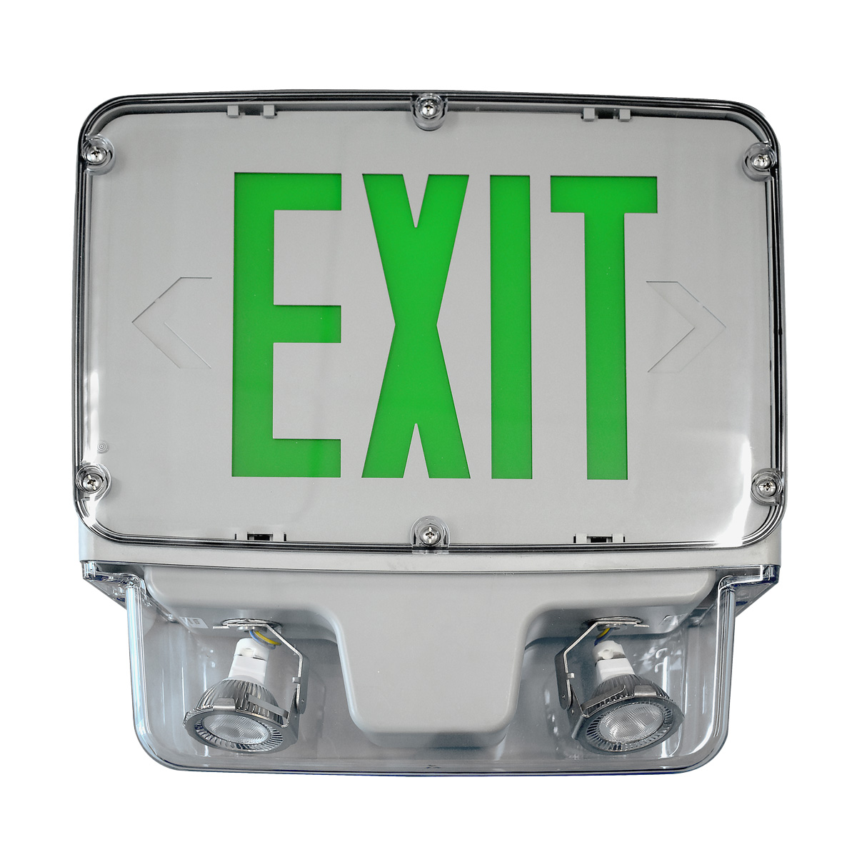 Double Face Exit Sign – Hazardous Rated, Gray, Green Letters