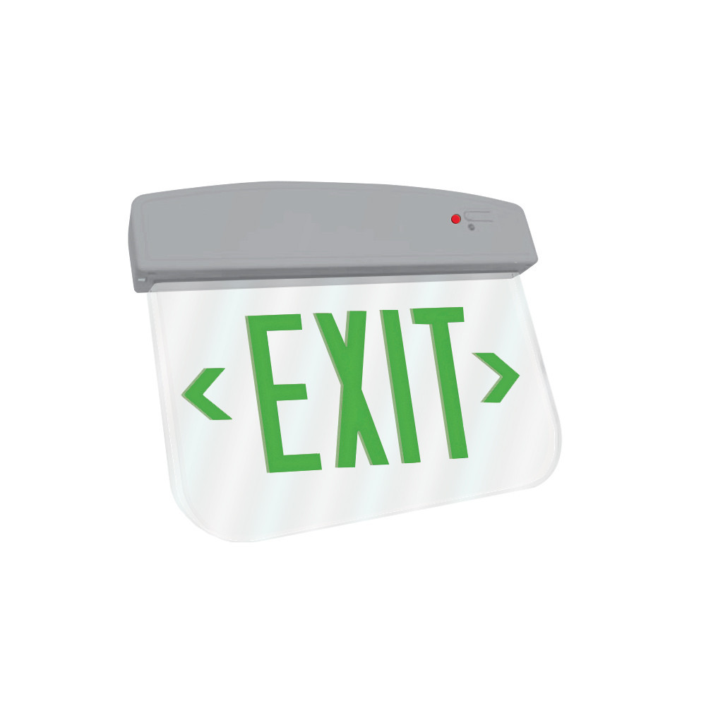 Plastic Edgelit Exit Sign, Clear Panel, Green Letters, Silver