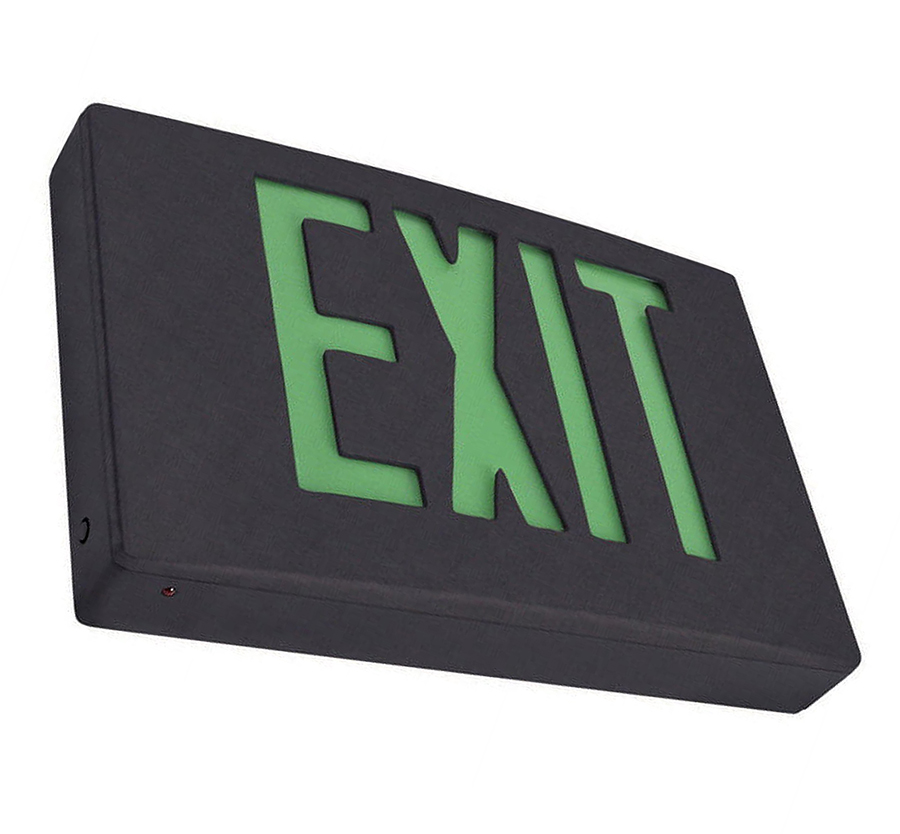 Black LED Exit Sign – Green Letters, Die-Cast Frame, Battery