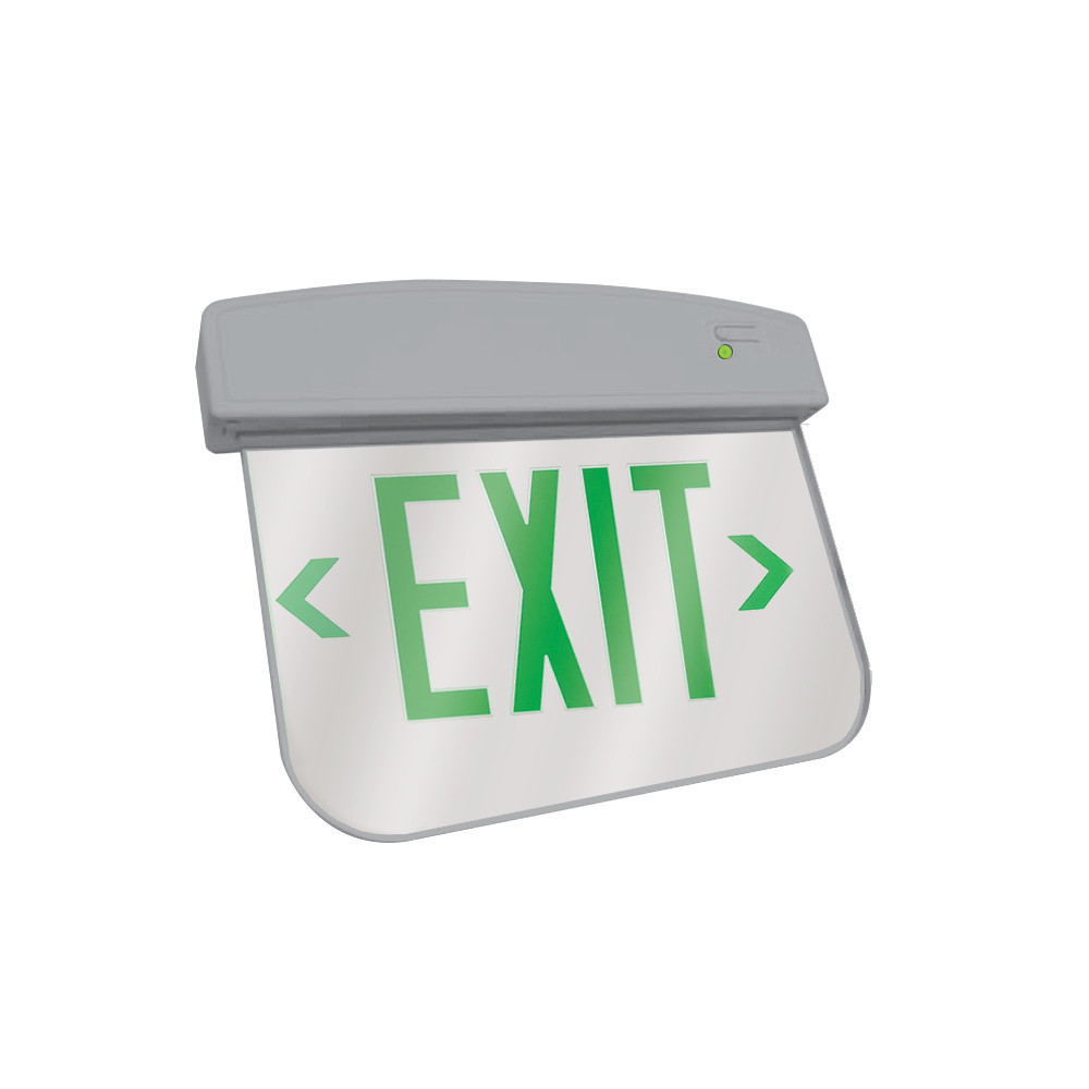 Silver Edgelit Exit Sign, Plastic, Green Letters, Mirror Panel