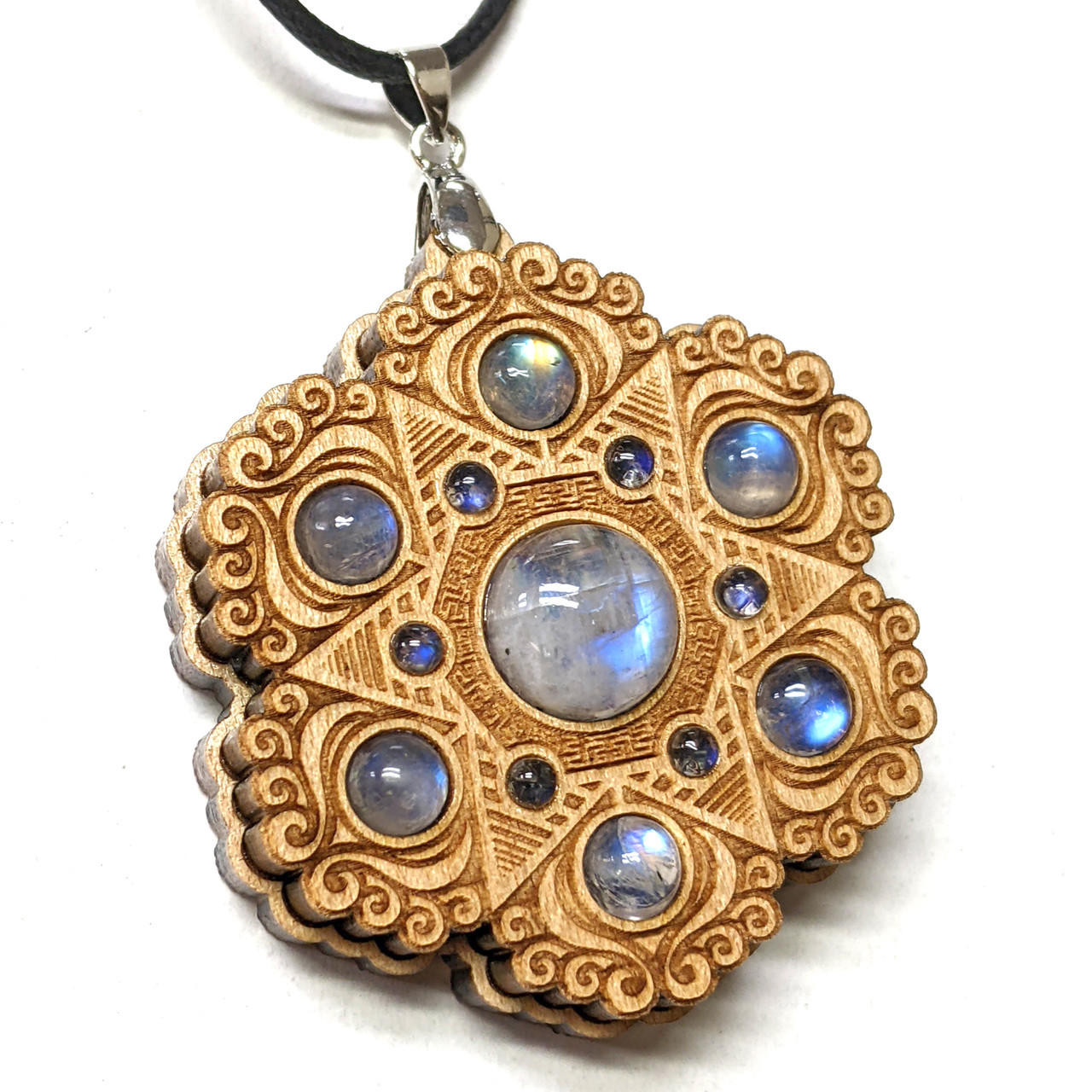 Gemstone Talisman Pendant - Swirl Star - Maple with Rainbow Moonstone ...