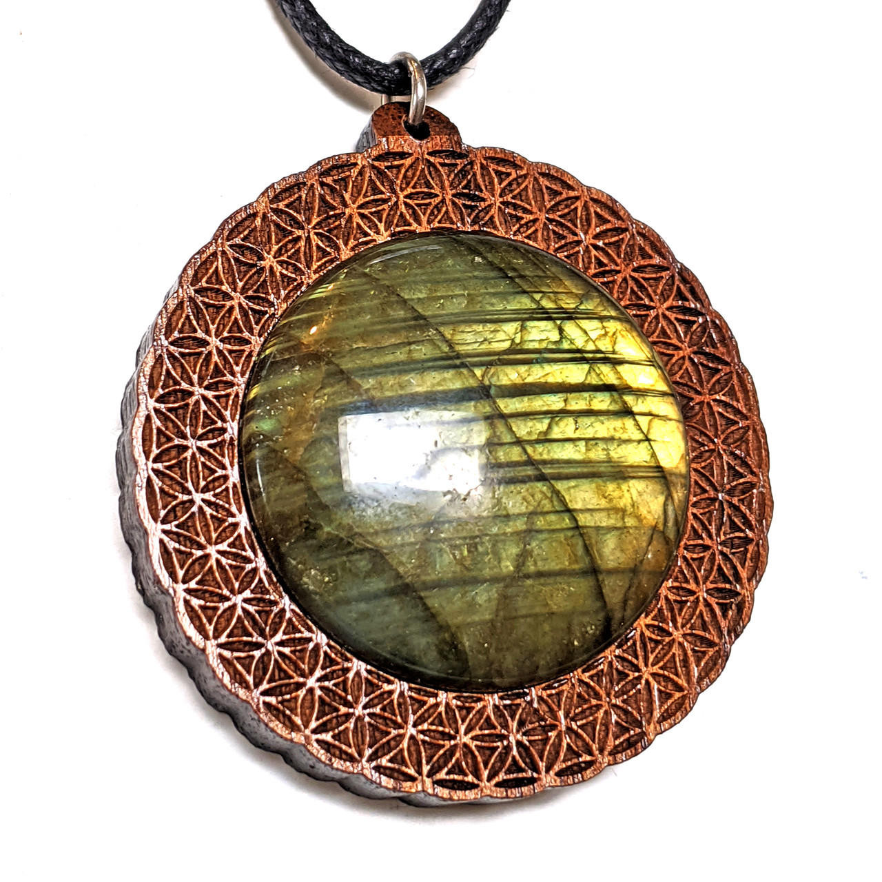 Flower of Life Phi Vortex Hardwood 30mm Gemstone Pendant - LaserTrees