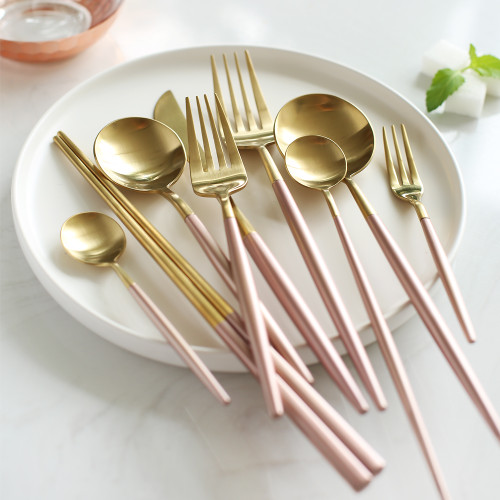 Korean Royal Pink Golden Tableware Cutlery Set Dinner Knife S poon Fork ...