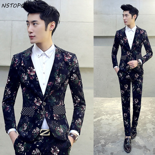 (Jacket + Pant) Mens Flower Suit New Brand Floral Print Suit Party ...