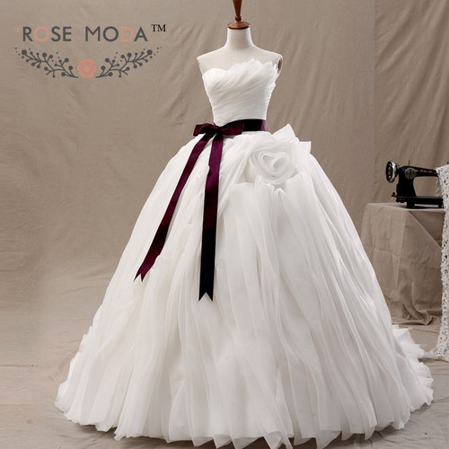 Rose Moda 3D Ruffled Organza Wedding Dress Removable Burgundy Sash Ball ...