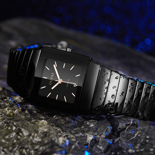 OUPAI Black Ceracmic Rectangle Men Watch with Calendar Business Tonneau ...
