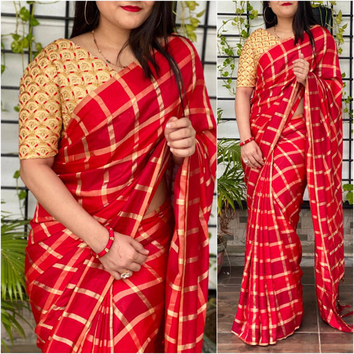 New 2021 Presenting Designer German Checks Saree -Red - Onshopdeals