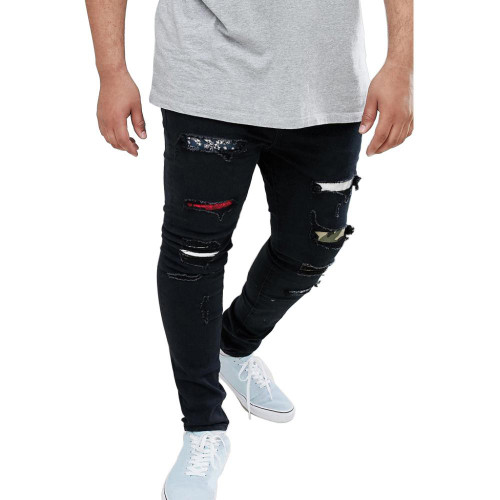 Mens Holes Ripped Slim Jeans Black Fashion Rapper Hiphop Skateboard ...