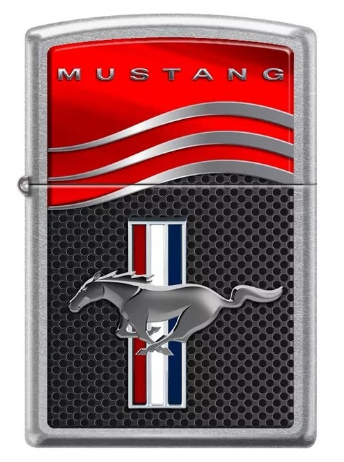Mustang Tri-Bar Logo Wavy Red Style Brushed Chrome ZIPPO Lighter ...