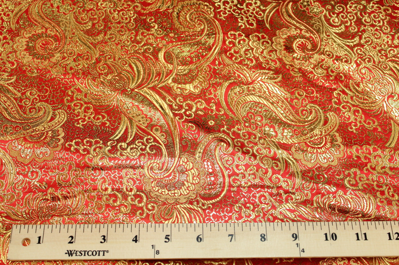 Gold Paisley Metallic Brocade - Red