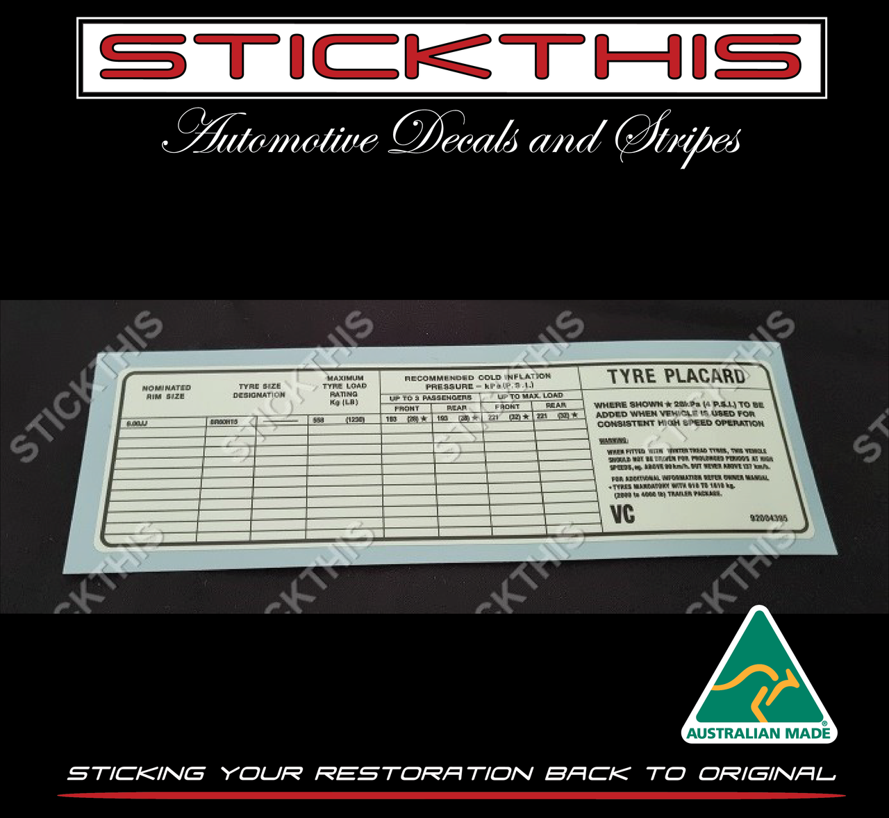 Tyre Placard - VB VC 6 and 8 Cyl with Alloy Wheels - STICKTHIS ...