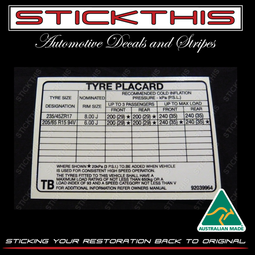 Tyre Placard - Holden VL HDT SS Group A Decal & early HSV Walkinshaw ...