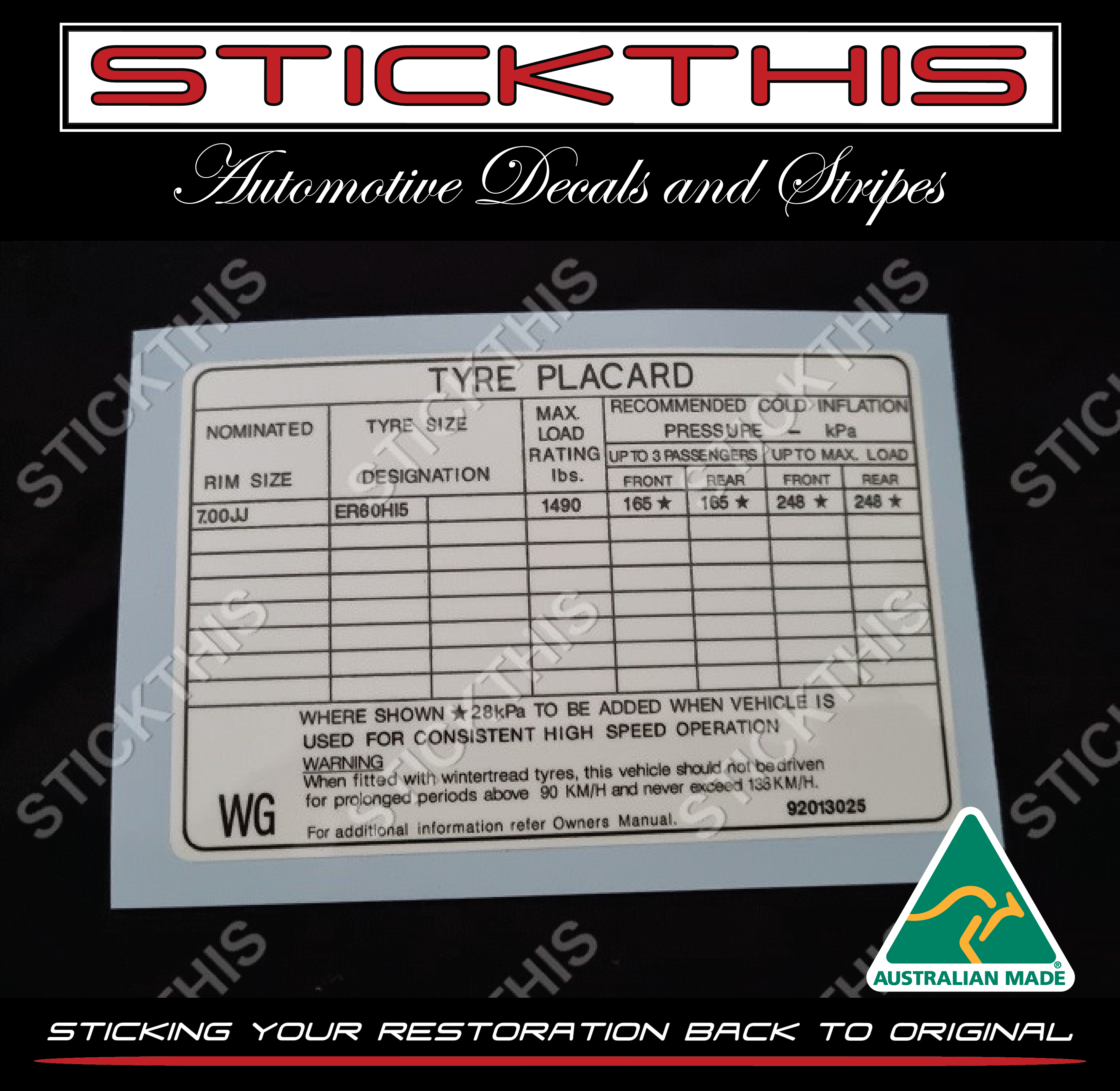 Tyre Placard - Holden WB Deville Caprice 15" Alu Wheels Decal 92013025 ...