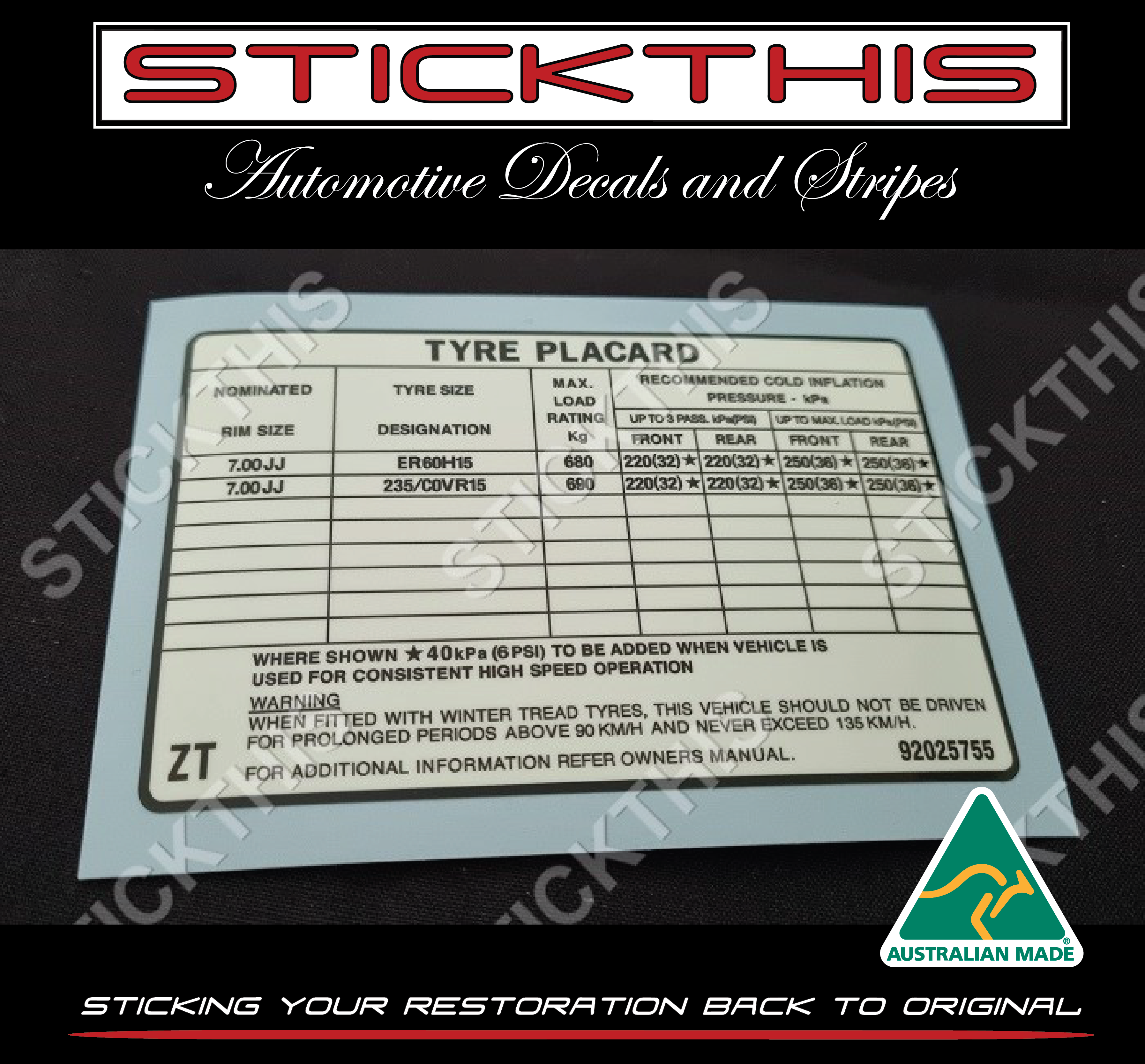 Tyre Placard - VK SS with Performance Suspension - STICKTHIS Automotive ...