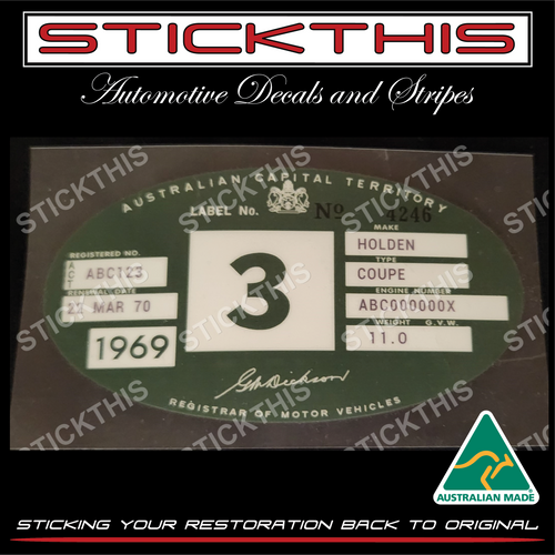 Reproduced ACT Registration Label 1962 - 1970 - STICKTHIS Automotive ...