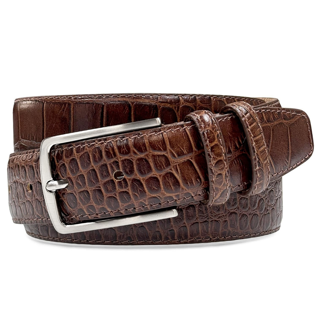 Men's Brushed Nickel Buckle Genuine Leather Alligator Embossed Dress ...
