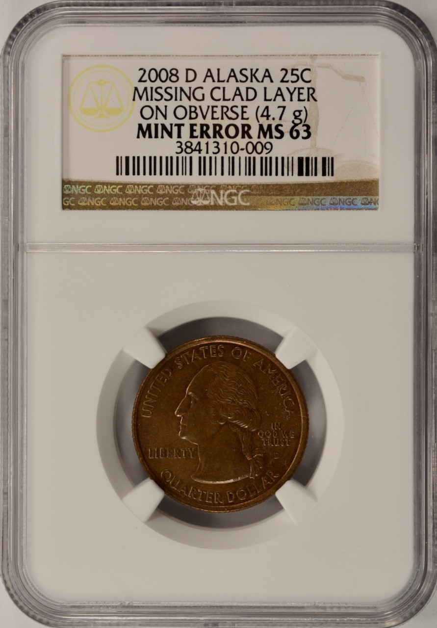 2008-D 25c Alaska Quarter Obverse Missing Clad Layer NGC MS63 BN