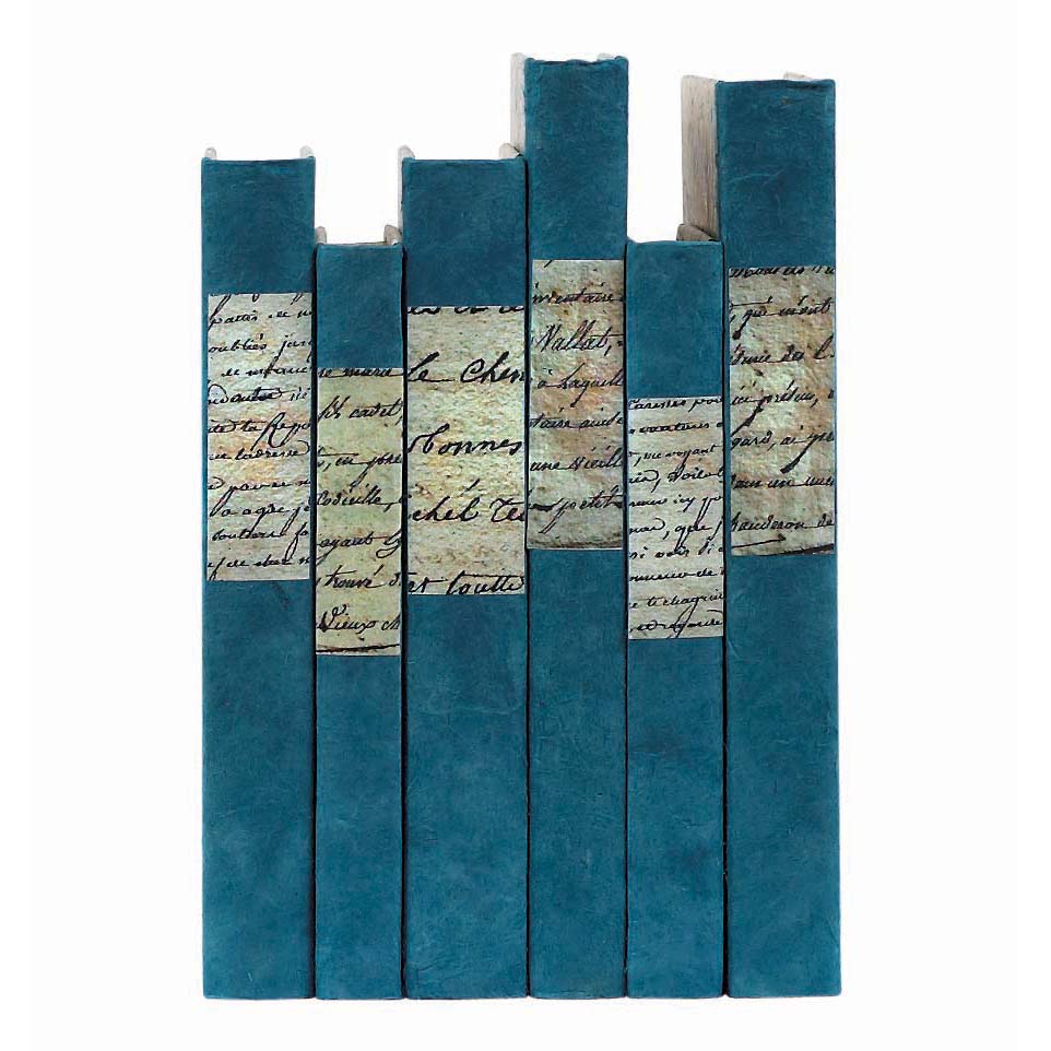 Steel blue parchment decorative books with script labels.