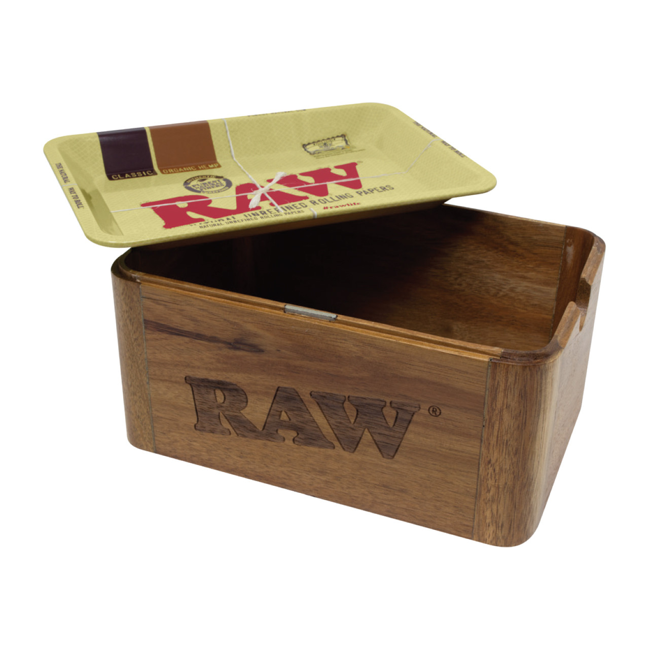 RAW Wooden Cache Box With Metal Rolling Tray Lid Wholesale