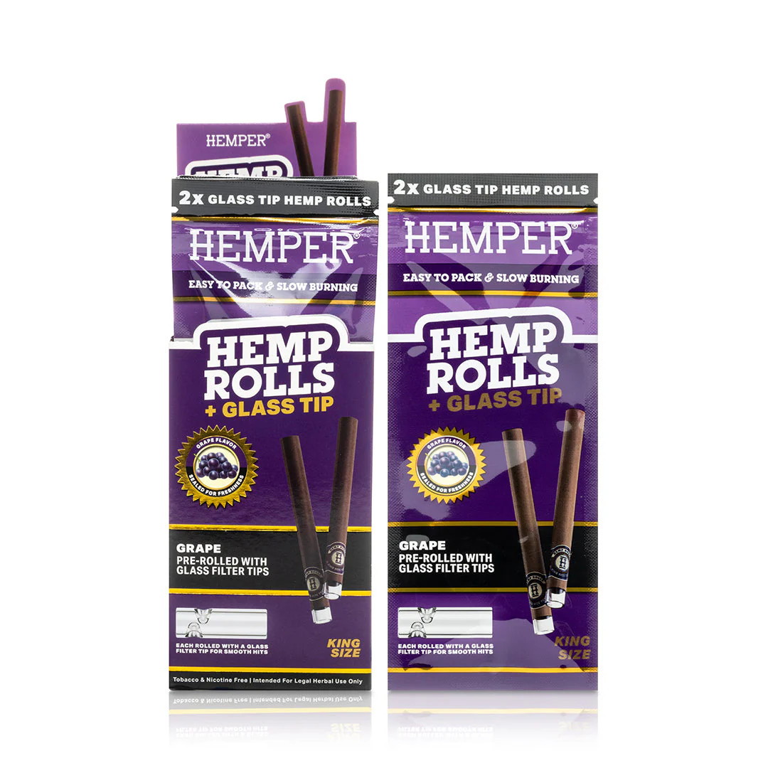 Hemper Hemp King Size Rolls with Glass Tips 2pk Display of 12