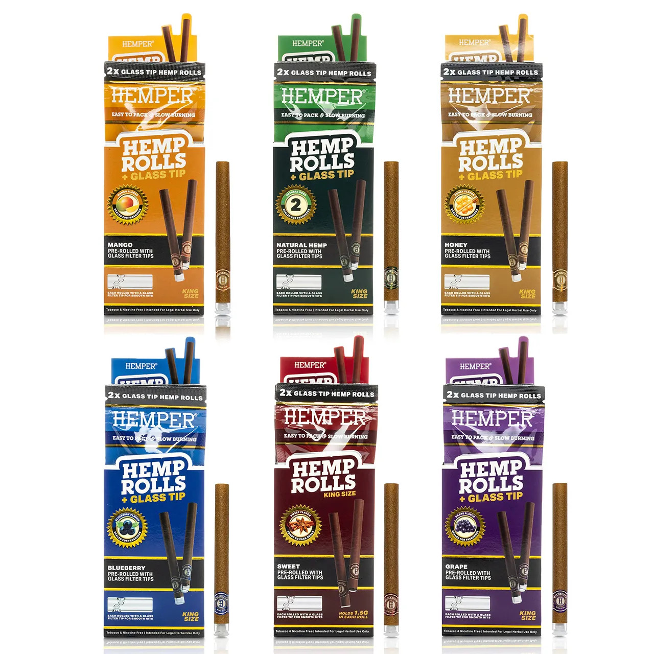 Hemper Hemp King Size Rolls with Glass Tips 2pk Display of 12