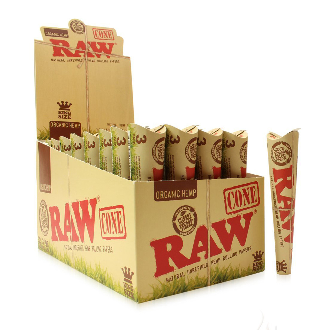 RAW Organic Hemp King Size Pre-Rolled Cone 3ct Display of 32