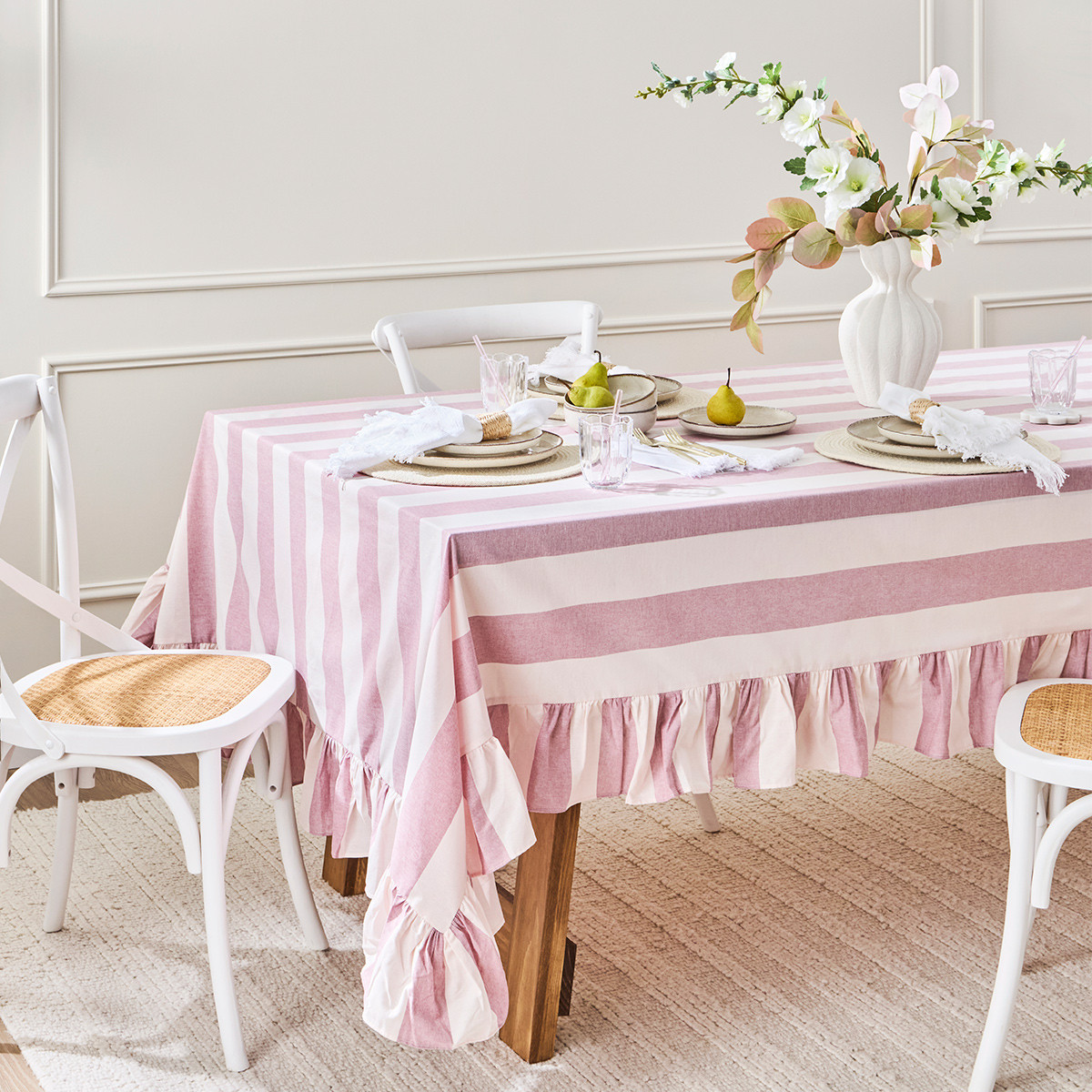 Piper Stripe Ruffle Table Cloth - Pillow Talk