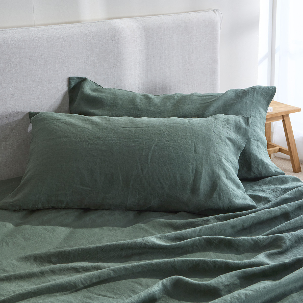 Washed Linen Dark Green King Pillowcase Pair - Pillow Talk