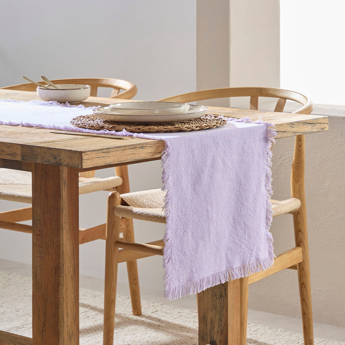 Ashra Lilac Fringed Cotton Table Runner - Pillow Talk
