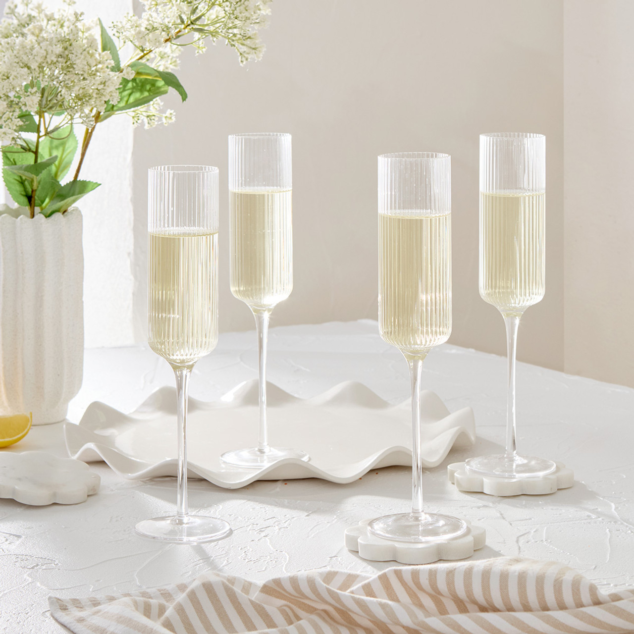 Mila Ribbed Champagne Crystal Glass Flute Set Of 4 Pillow Talk