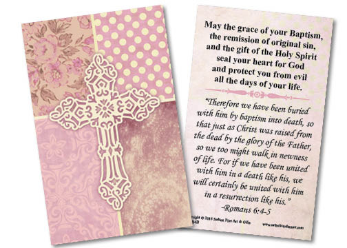 Carved Cross Pink Baptism Holy Card - Nelson Gifts Wholesale