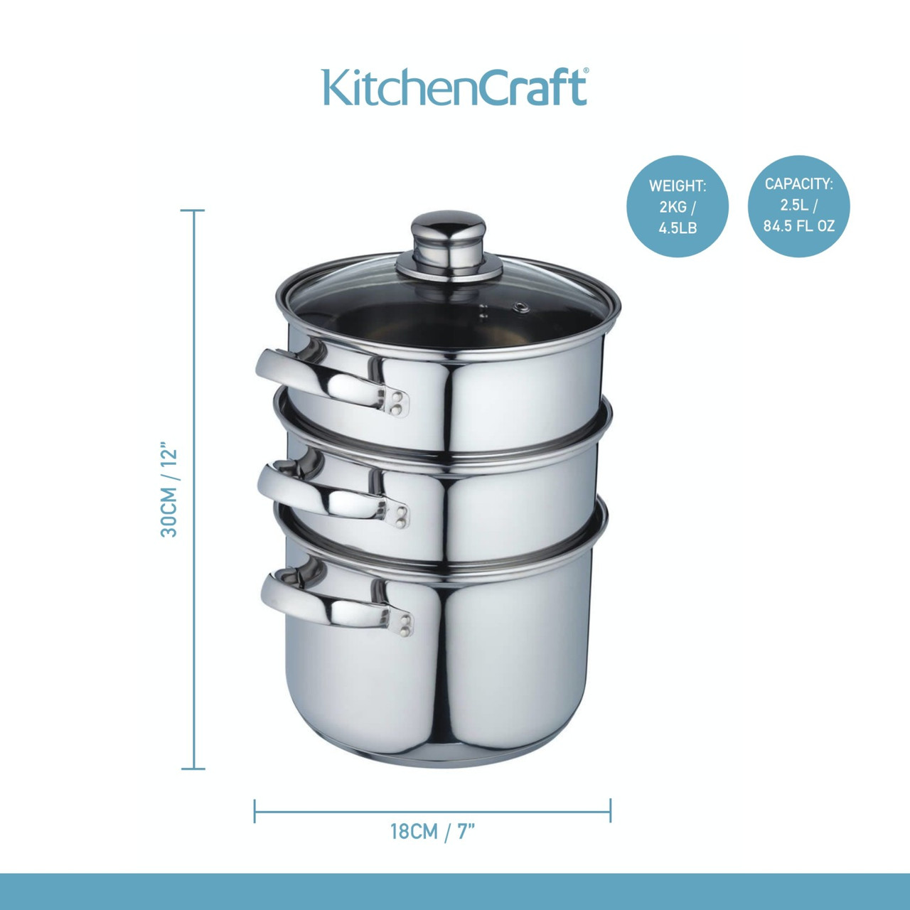 KitchenCraft Stainless Steel Three Tier Steamer, 18cm - Lifetime Brands ...