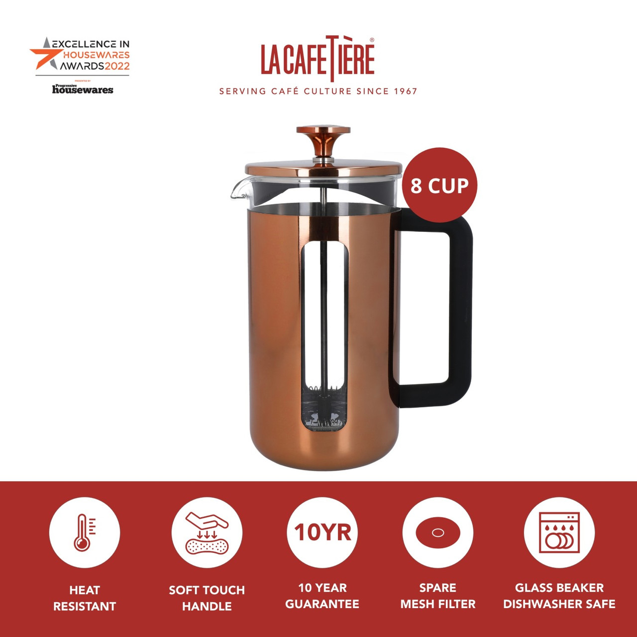 La Cafetière Pisa 8 Cup 1L Stainless Steel Cafetiere, Copper - Lifetime ...