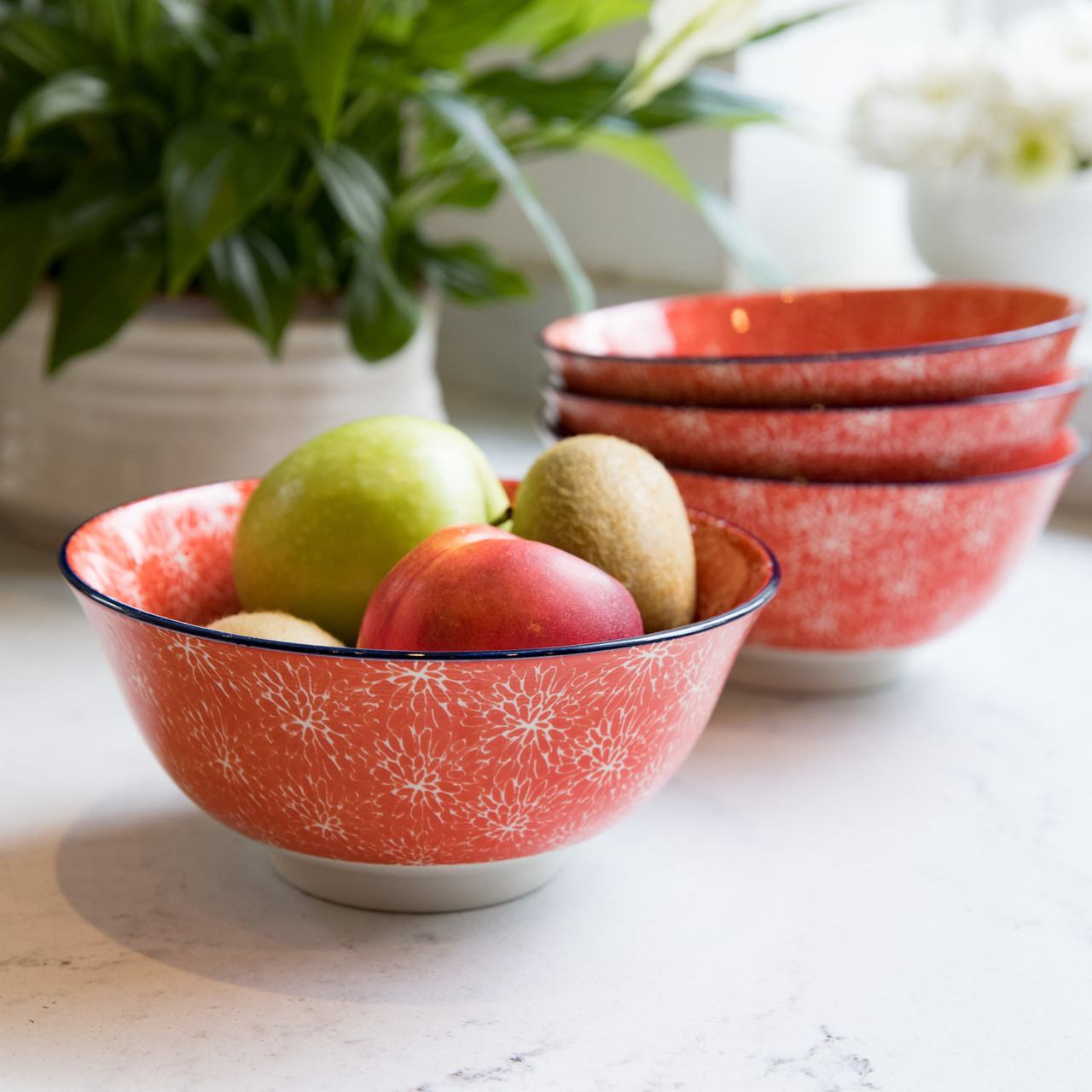 KitchenCraft Red Floral and Blue Edge Ceramic Bowl, 16cm - Lifetime ...