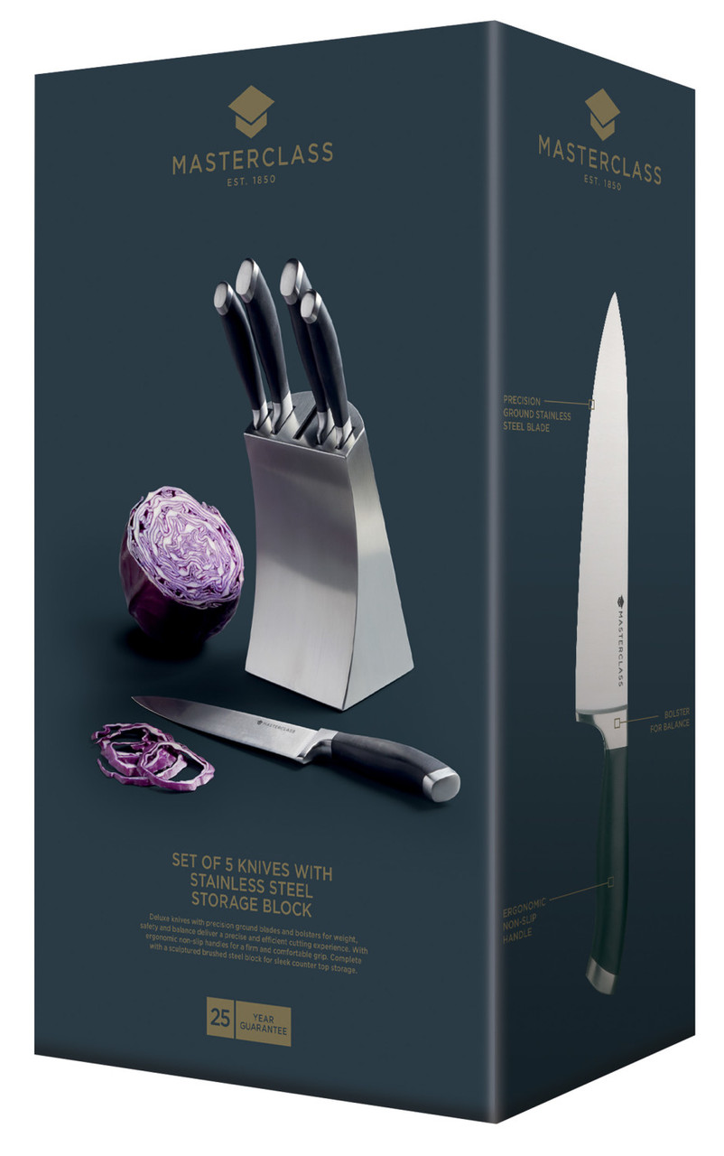 MasterClass Trojan 5 Piece Knife Set and Stainless Steel Block ...